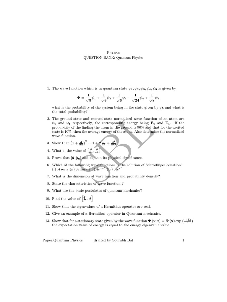 Quantum Physics Question Bank | PDF | Wave Function | Waves