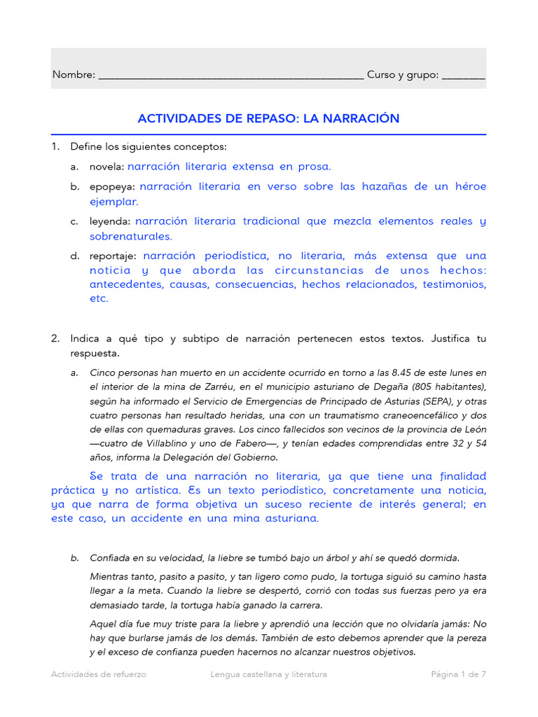 Refuerzo 2º Narración Solucionario | PDF | Narración | Teoría literaria