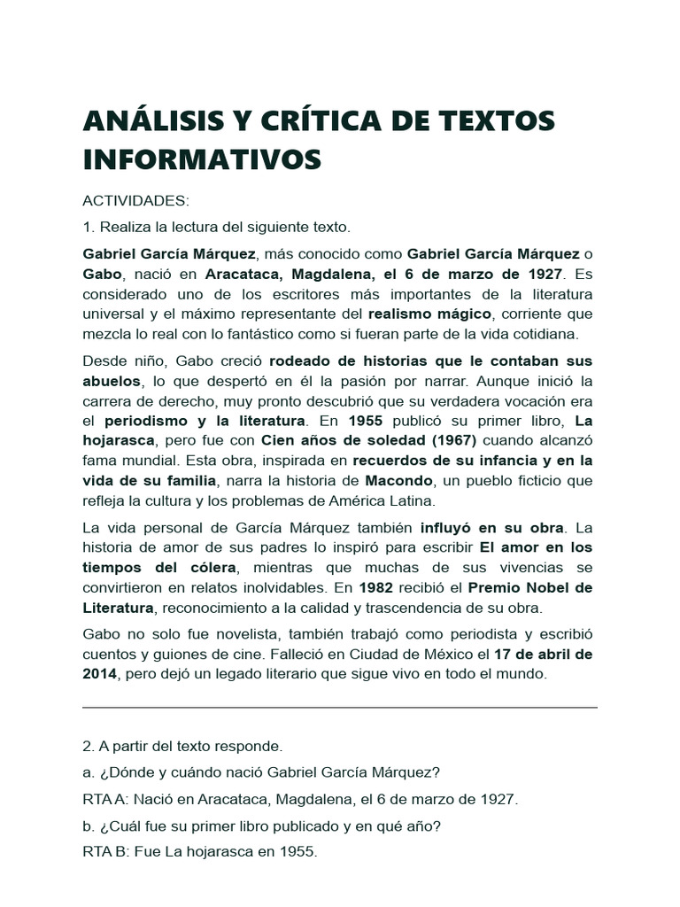Análisis y Crítica de Textos Informativos | PDF | Gabriel García Márquez