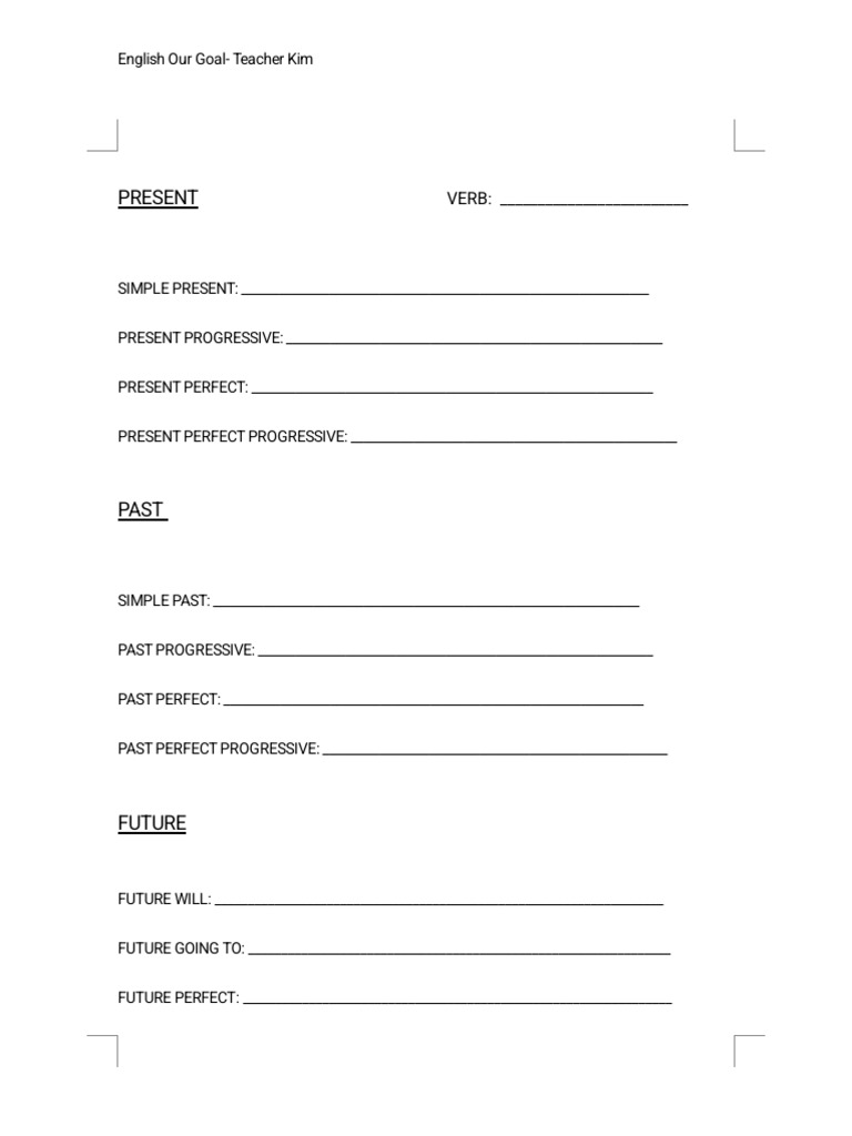 Verb Tenses Practice Sheet Teacher Kim | PDF | Perfect (Grammar ...