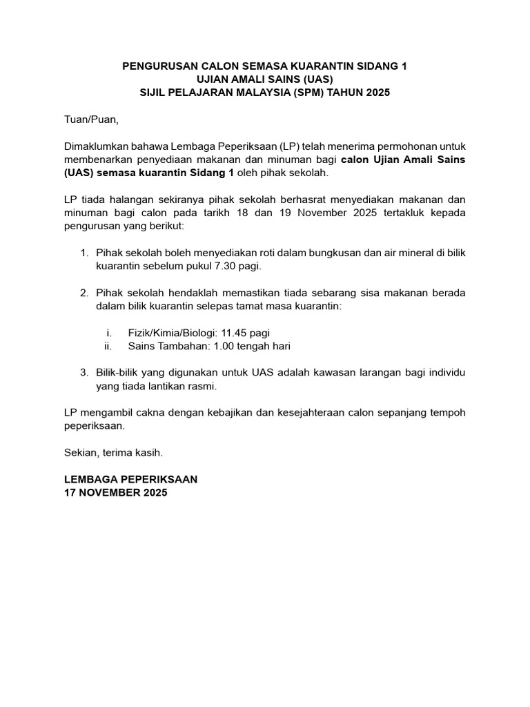 Pengurusan Calon Semasa Kuarantin Uas Sidang 1 | PDF