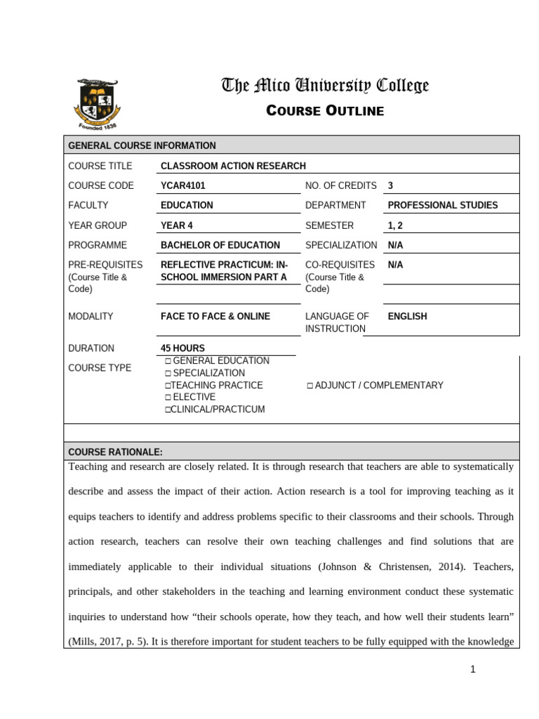 Classroom Action Research Course Outline | PDF | Educational Assessment ...