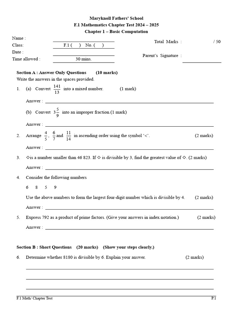 F.1 Math Chapter Test 2024-2025 | PDF | Mathematics | Arithmetic