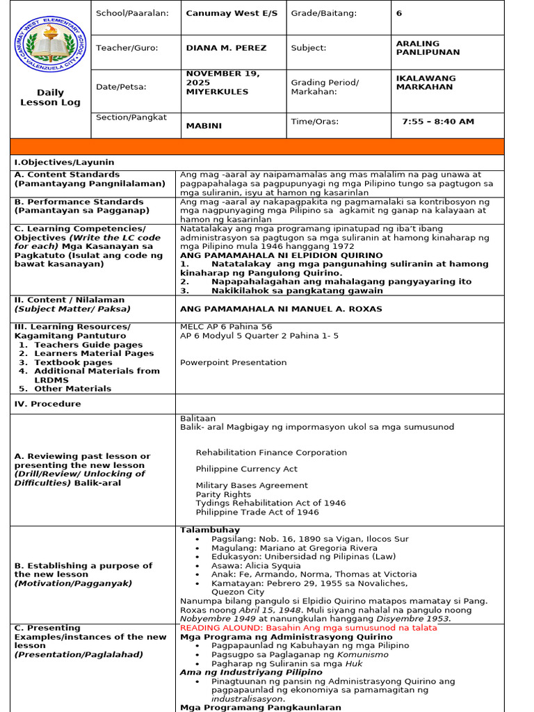 AP 6 QUARTER 3 Week 3 Nov 19 PAMAHALAANG ROXAS | PDF