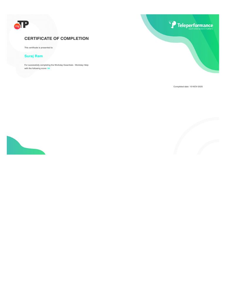 Workday Essentials Completion Certificate | PDF