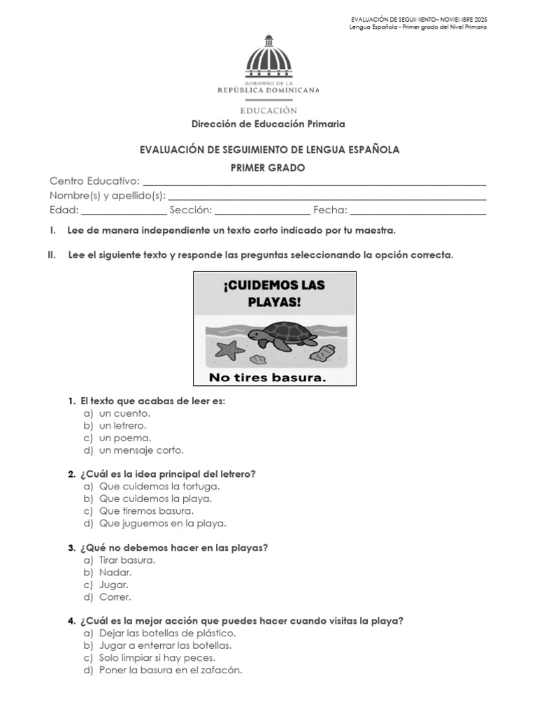 1.er Grado - Lengua Española - Eval-Seg-Nov25 - Primer Ciclo | PDF