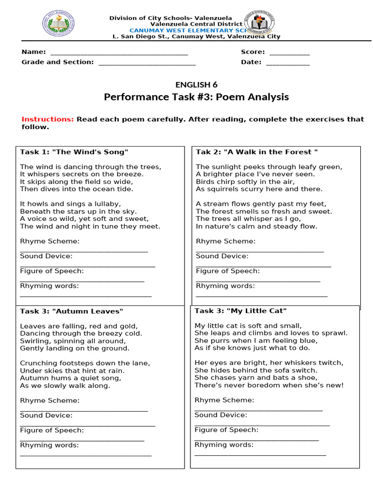 Poem Analysis Task for English 6 | PDF