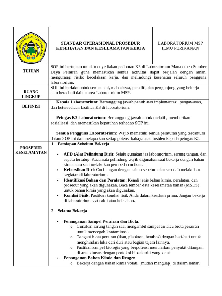 SOP K3 Laboratorium Ilmu Perikanan | PDF