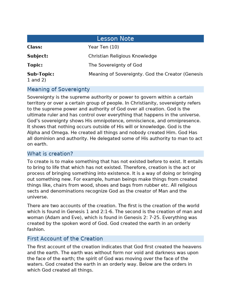 Lesson Note Year 10 Sovereignty of God The Creation Story | PDF ...