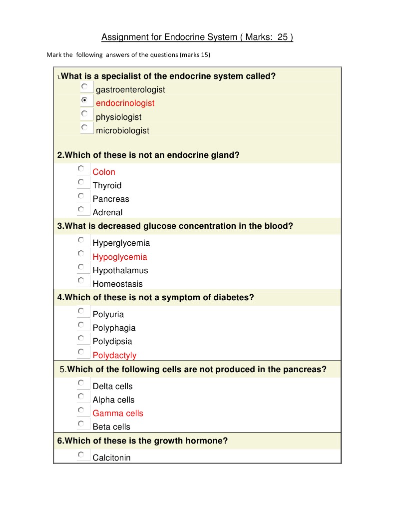 Endocrine System Assignment Questions | PDF | Glands | Endocrine System