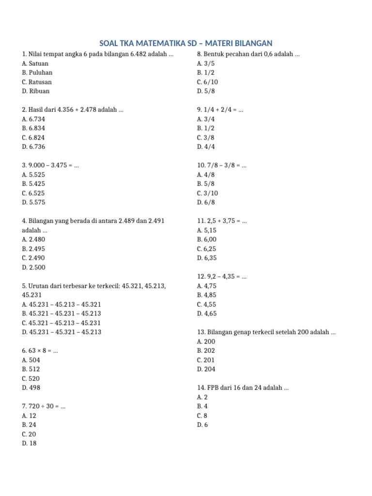 Soal TKA Matematika SD Bilangan | PDF