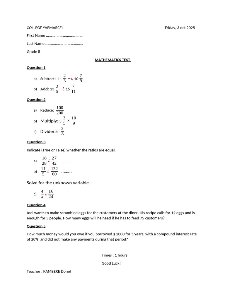 Grade 8 Test Pdf