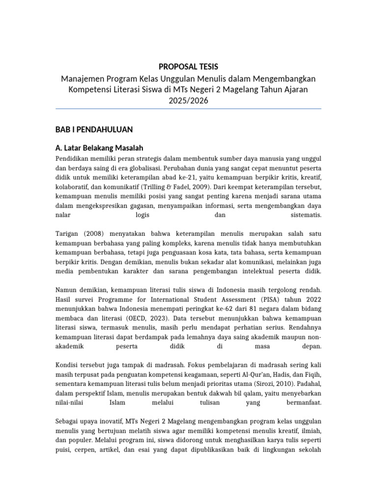 Proposal Tesis Manajemen Kelas Menulis Lengkap | PDF