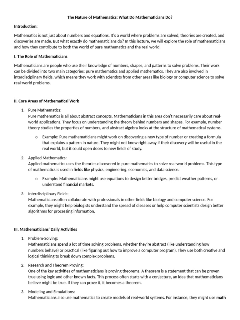 What Mathematicians Do: Roles & Impact | PDF | Mathematics | Mathematician