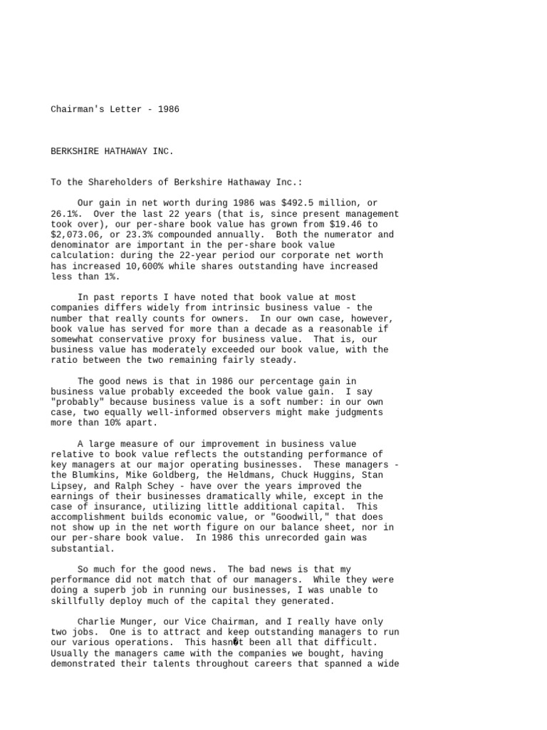 Berkshire Hathaway 1986 Chairman's Letter | PDF | Arbitrage | Insurance