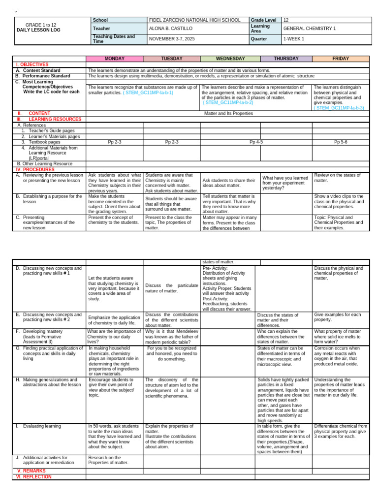 Daily Lesson Log: General Chemistry 1 | PDF | Matter | Chemistry