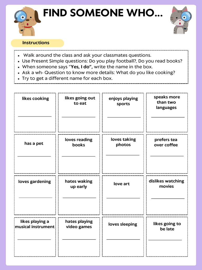 Daily Life Find Someone Who Classroom Activity Worksheet in White ...