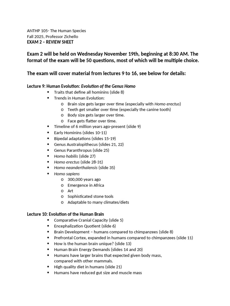 Exam 2 Review Sheet Fall 25 | PDF | Homo | Human Evolution