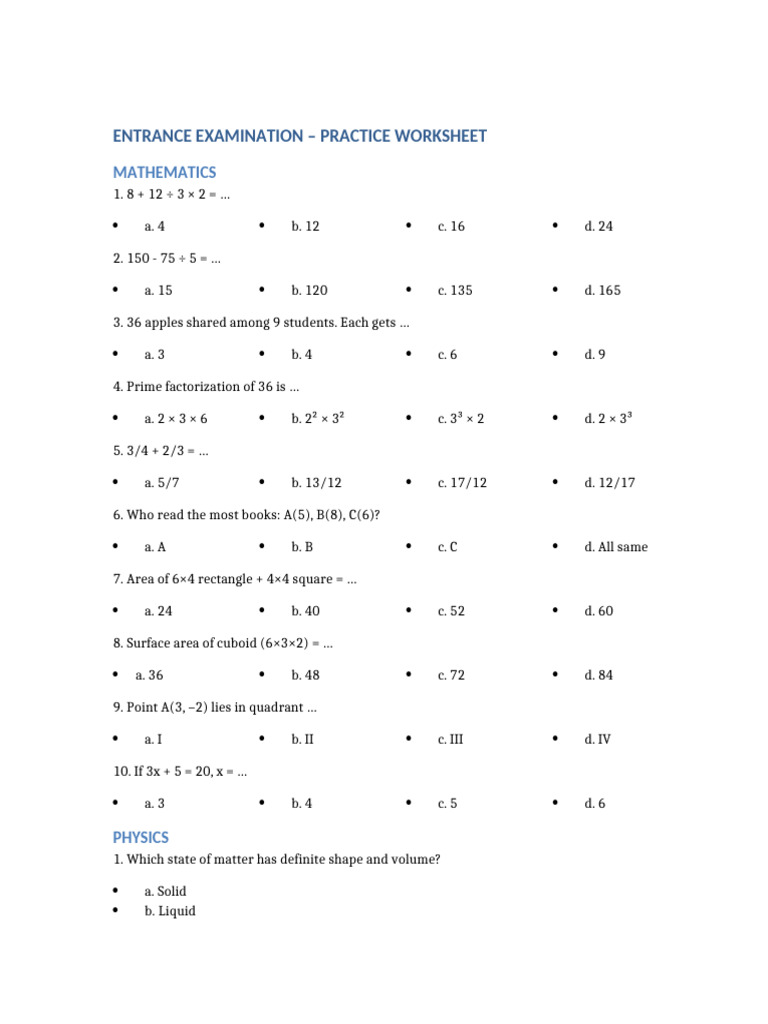 Entrance Exam Practice Worksheet | PDF | Earth | Heat Transfer