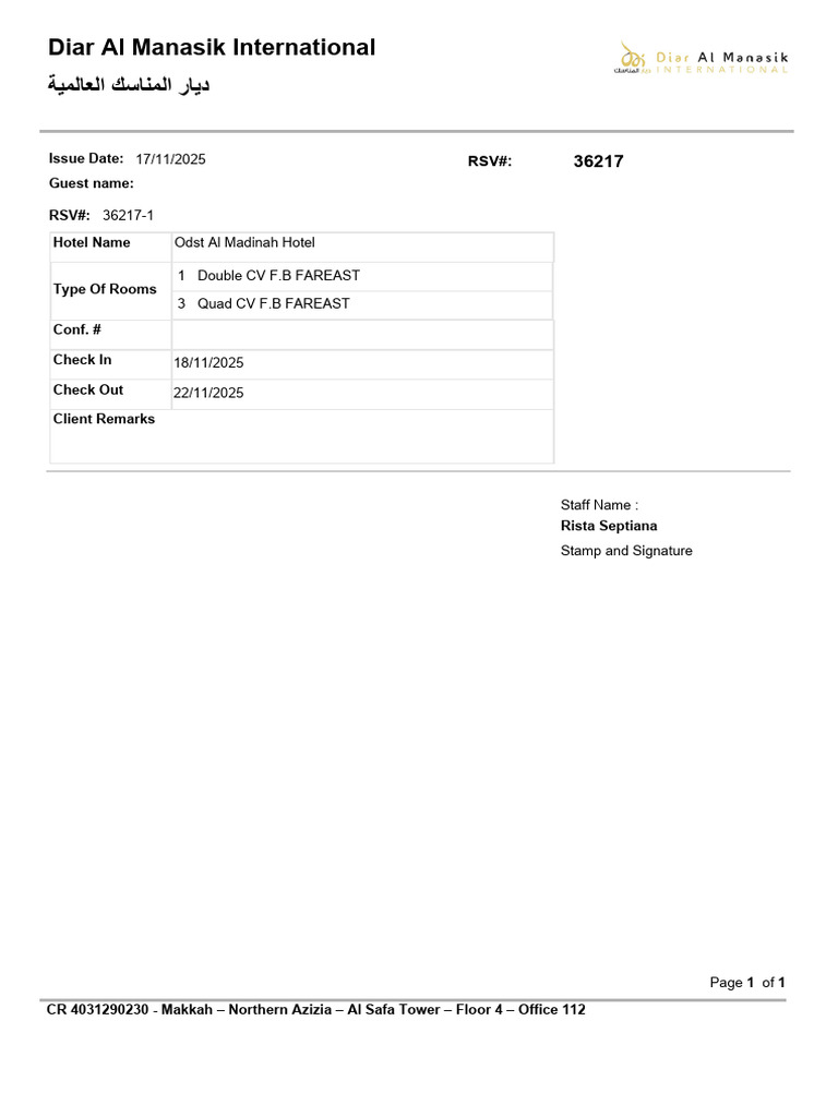 Diar Al Manasik International Booking Details | PDF