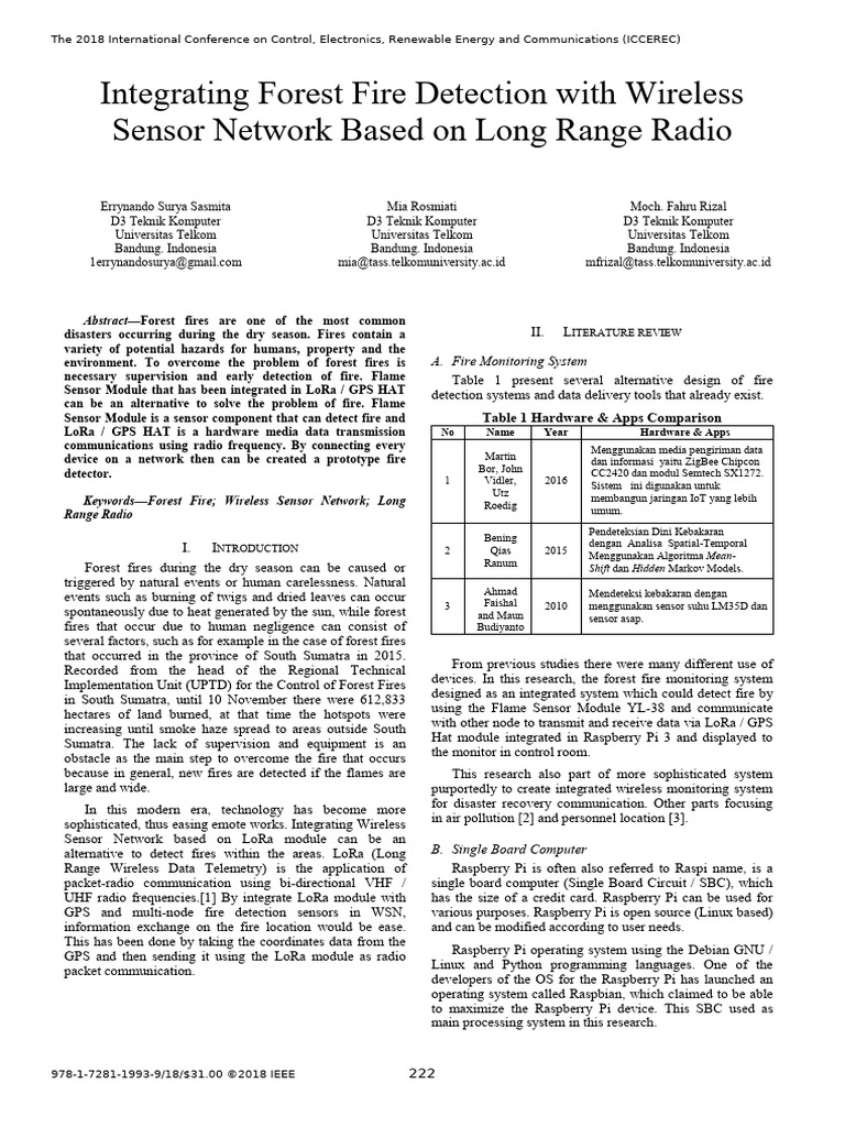 Integrating Forest Fire Detection With Wireless Sensor Network Based on Long Range Radio | PDF ...