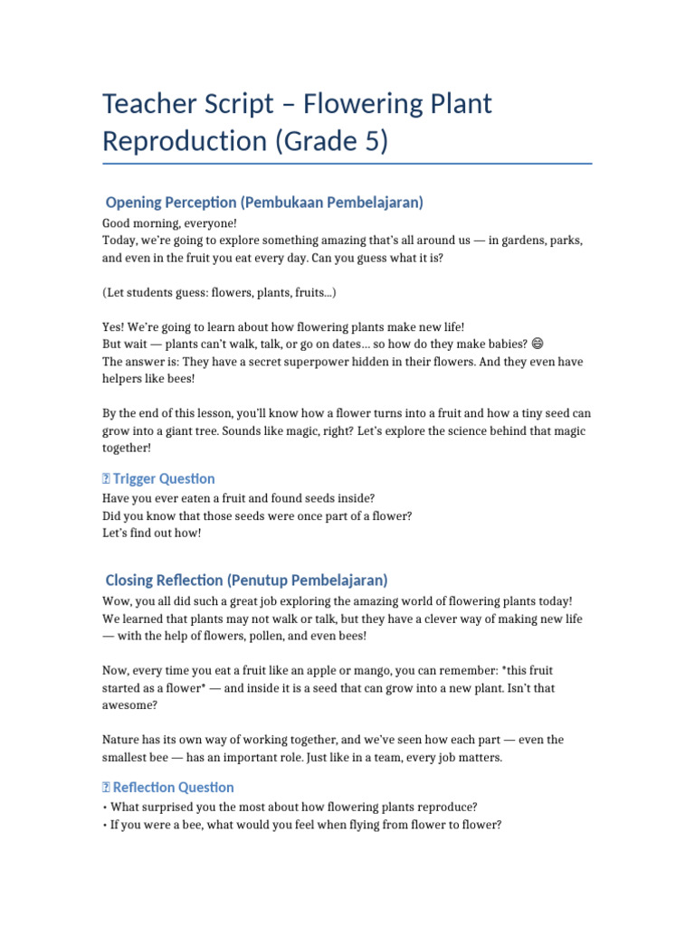 Teacher Script Flowering Plant Grade5 | PDF