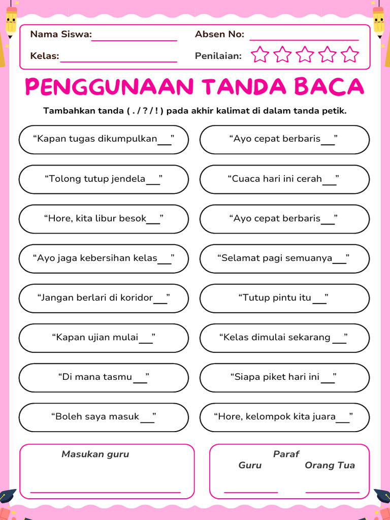 Merah Muda Lembar Kerja Penggunaan Tanda Baca | PDF