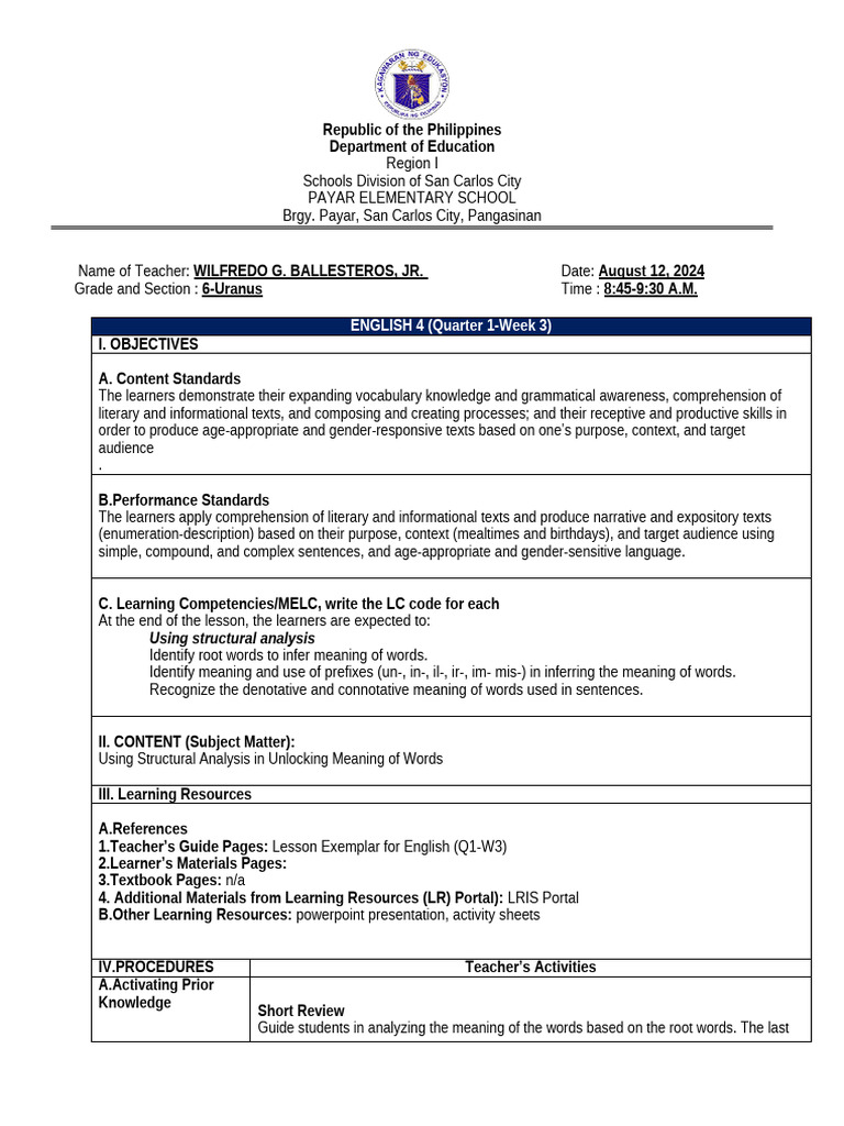 English 4 Vocabulary Lesson Plan | PDF | Word | Teachers