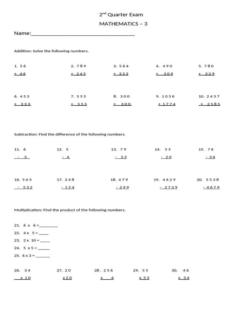 2nd Quarter Math Exam: Addition & Subtraction | PDF