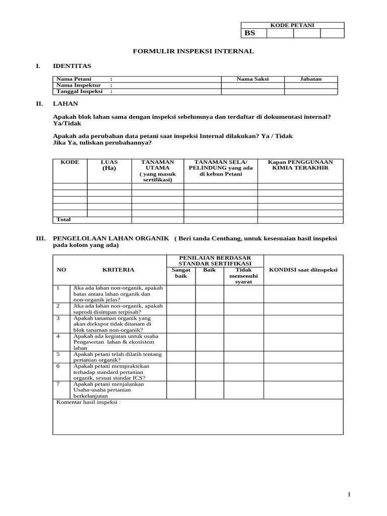 Formulir Inspeksi Internal Pertanian Organik | PDF