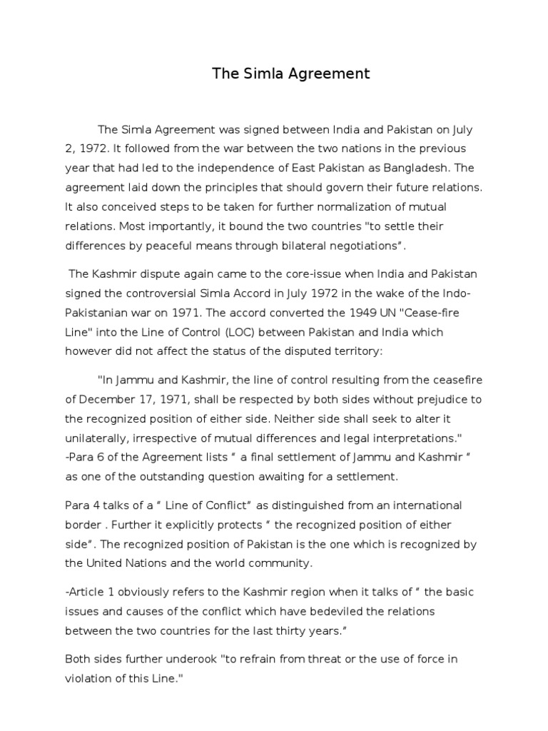 The Simla Agreement | PDF | India–Pakistan Relations | International Law
