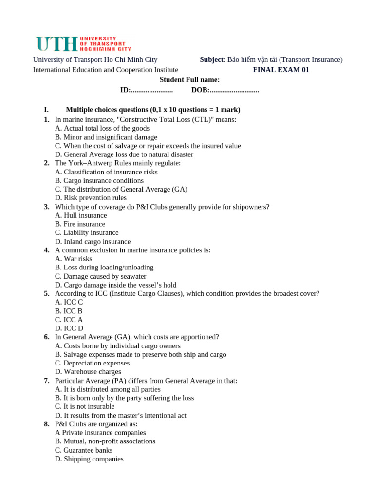 Final Exam 01_question.03.11.2025 | PDF | Insurance | Ships