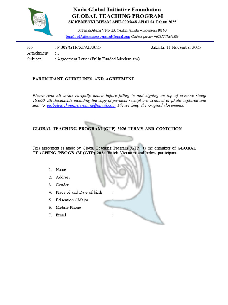 Fully Funded Agreement Letter [GTP Vietnam] | PDF