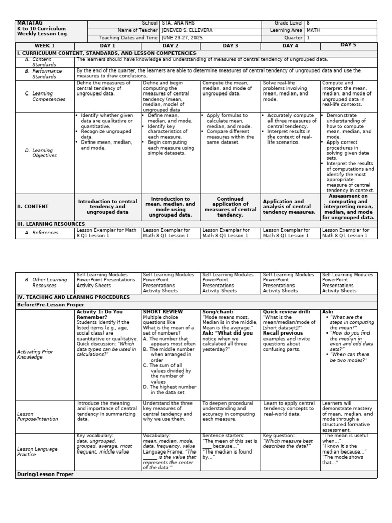Math 8 DLL lesson 1 | PDF | Data | Mean