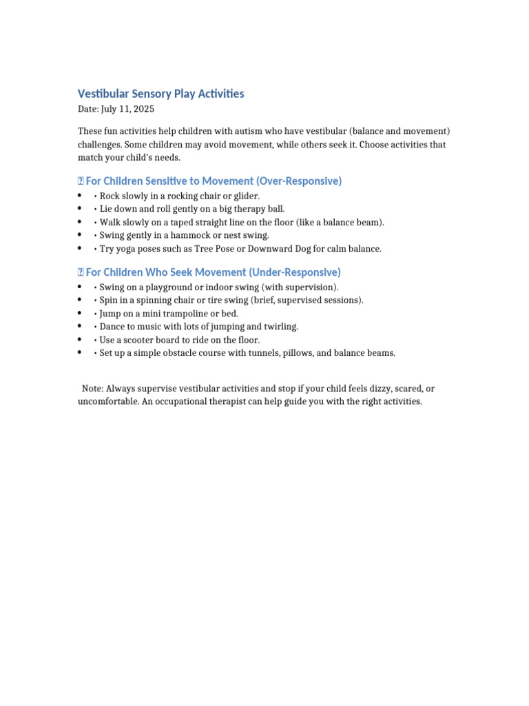 Vestibular Play Activities for Kids | PDF