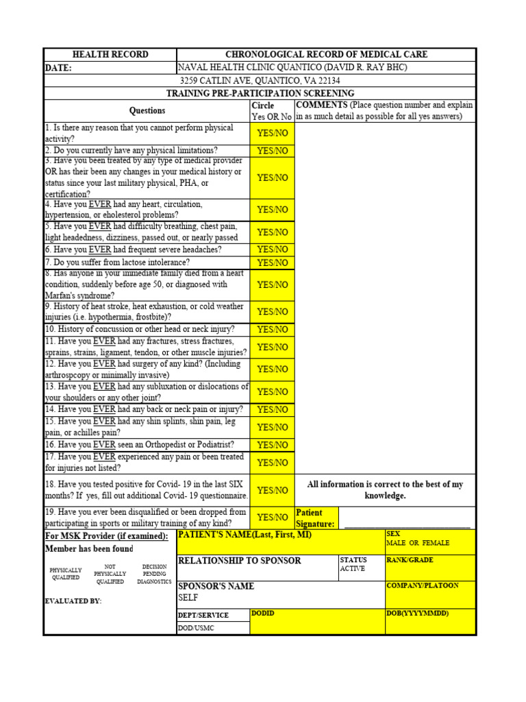 Training Pre-Participation Screening Form | PDF | Diseases And ...