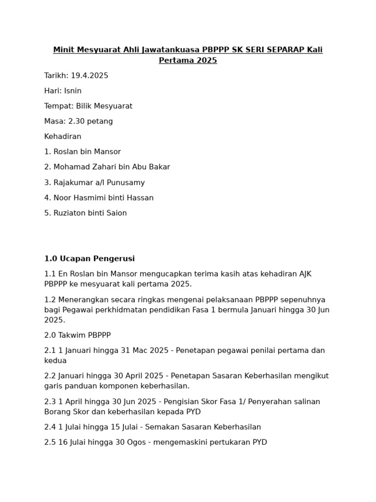 Minit Mesyuarat Ahli Jawatankuasa PBPPP SK SERI SEPARAP Kali Pertama 2025 | PDF