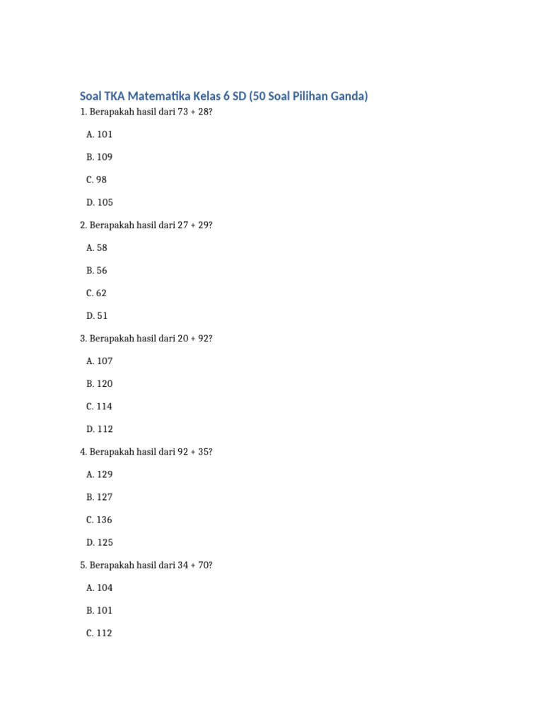 Soal TKA Matematika Kelas6 50 | PDF