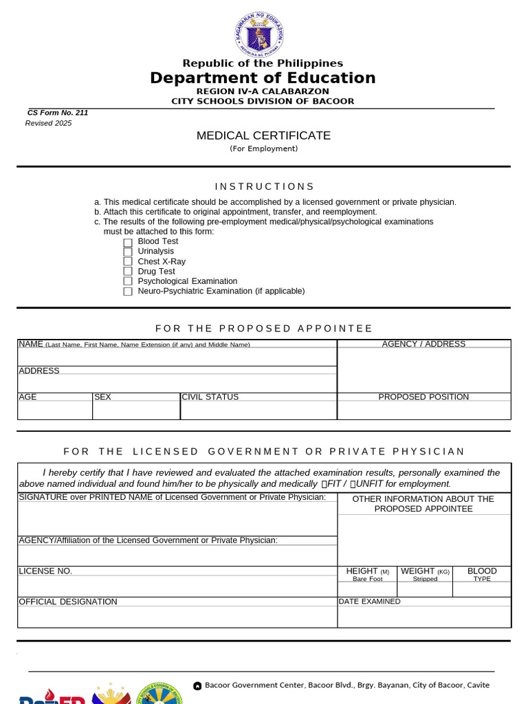 CS Form No. 211 Revised 2025 - Medical Certificate | PDF | Health Care | Medicine