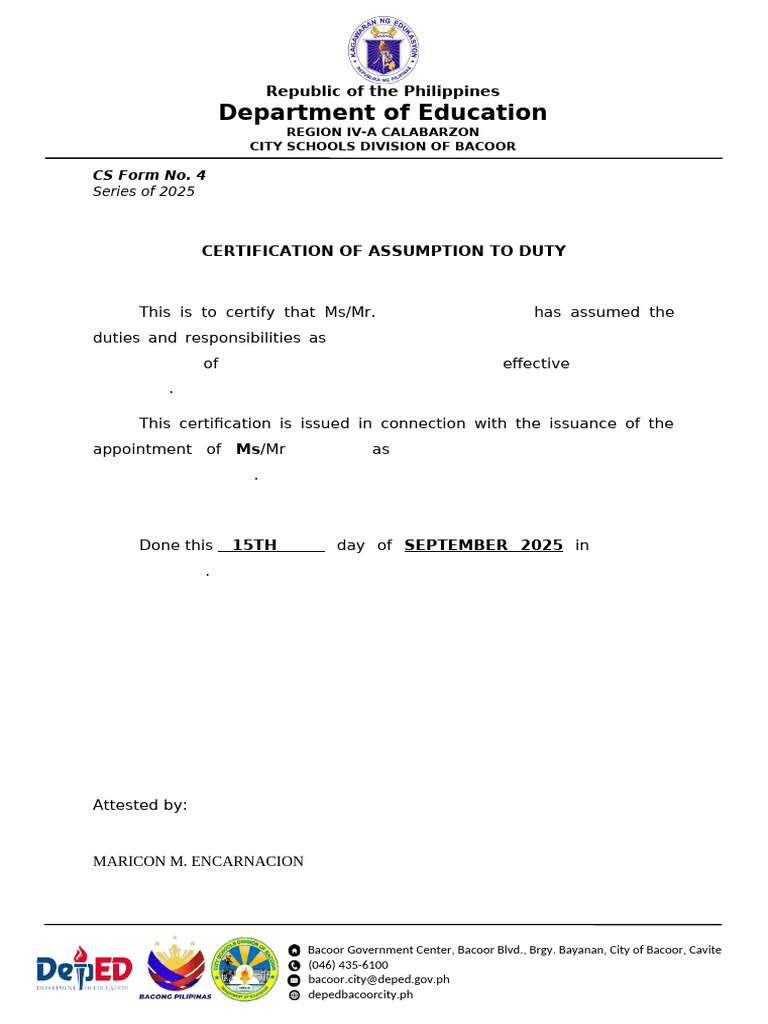 Certification of Assumption to Duty | PDF