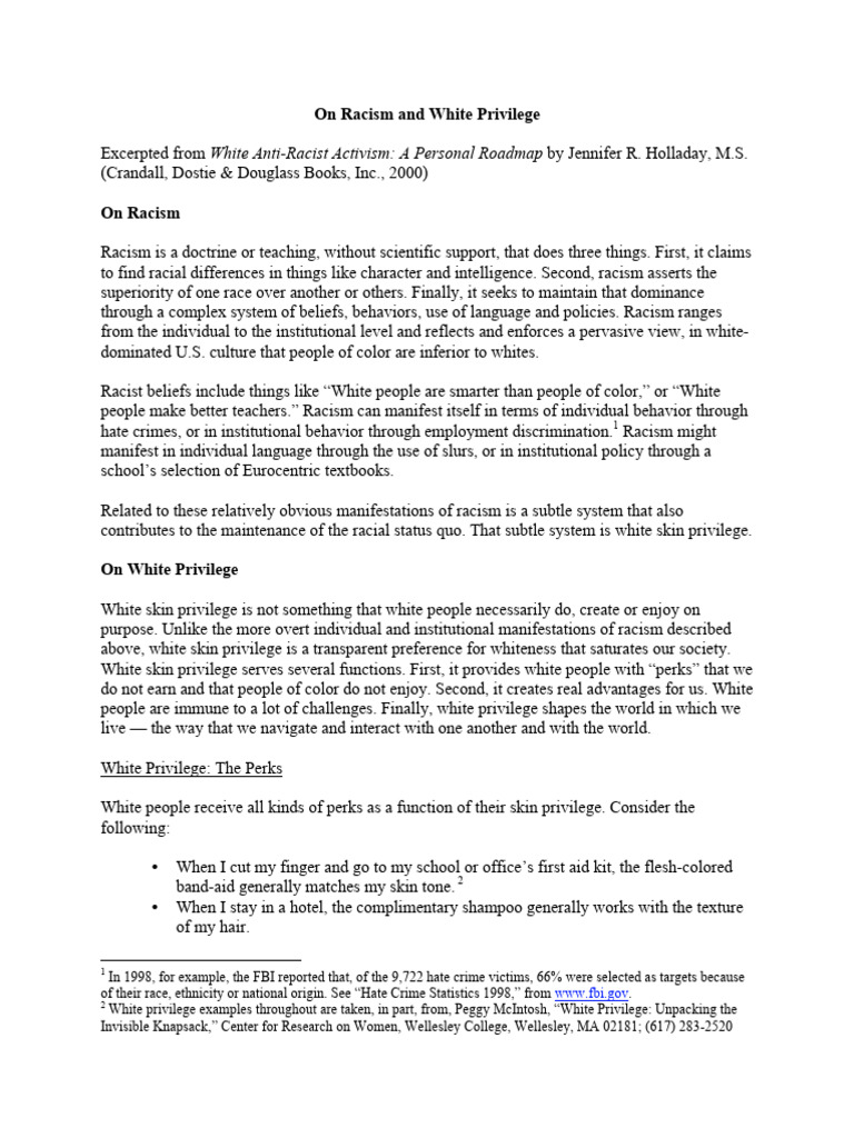 Understanding Racism and White Privilege | PDF | Racism ...