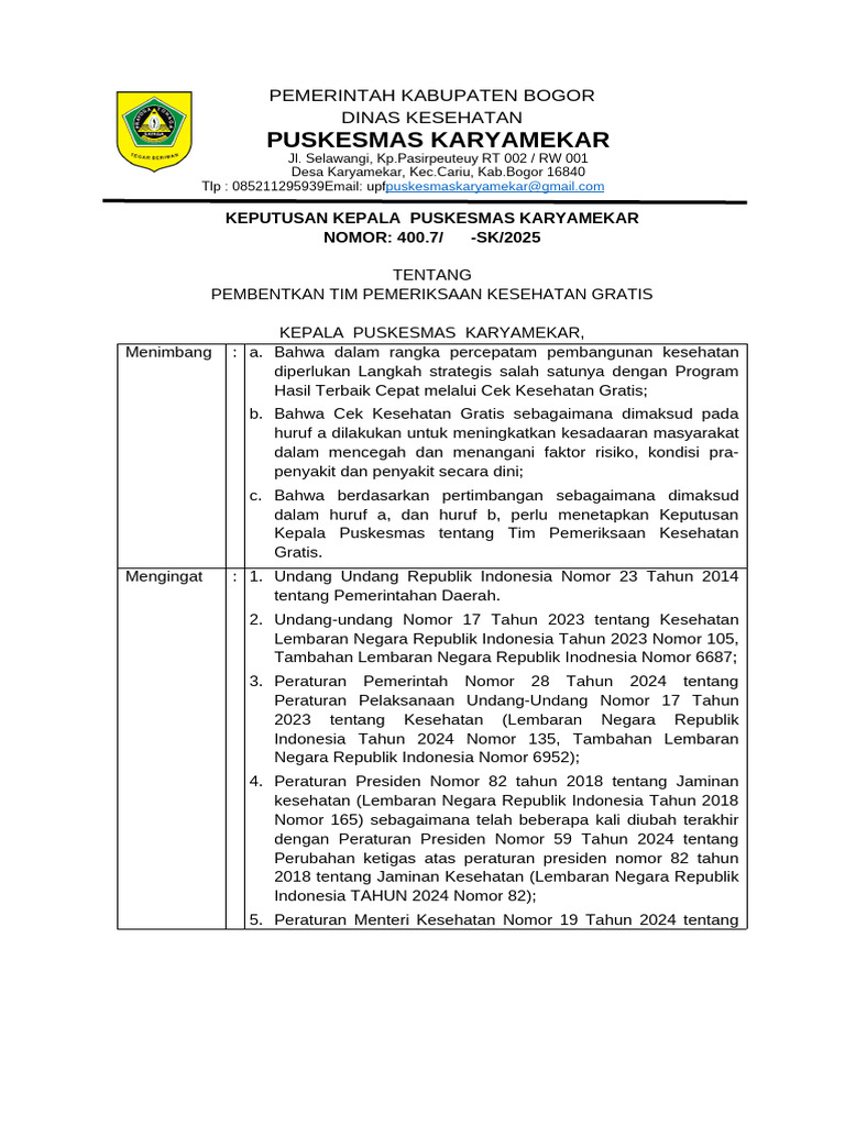 Sk Tim Pemeriksaan Kesehatan Gratis Karyamekar | PDF