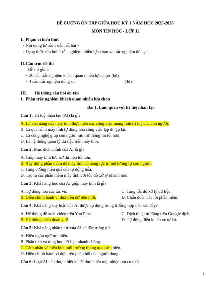 TIN 12 ĐỀ CƯƠNG GIỮA HK1 | PDF