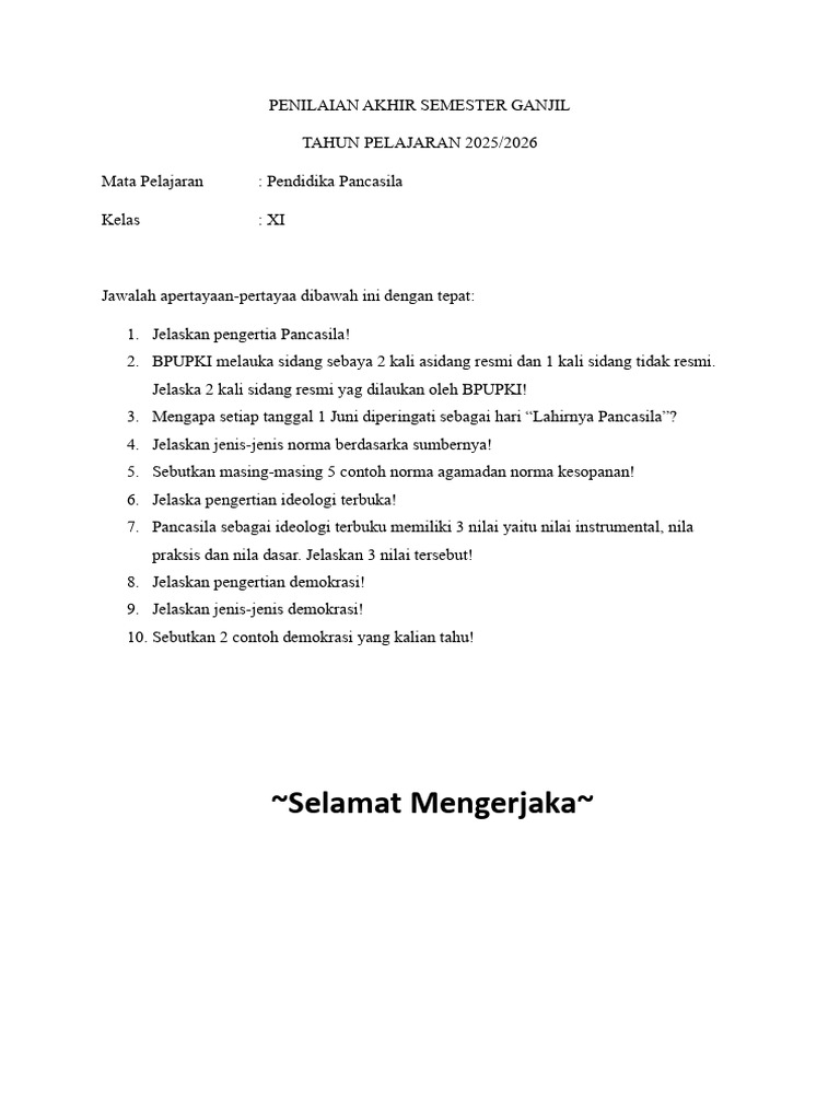 Soal Sas Pkn Kelas Xi (Ganjil) | PDF