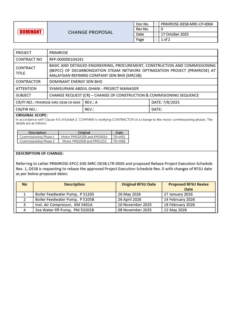 Change Proposal for PRIMROSE Project | PDF | Gas Technologies