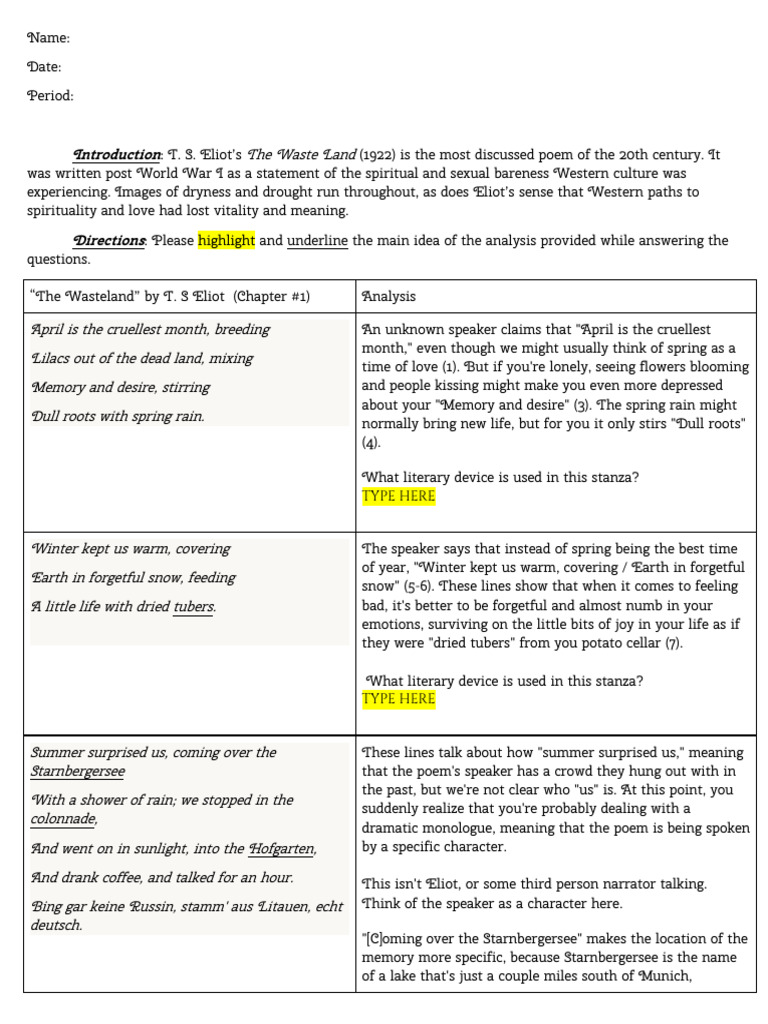 1 - T.S Eliot - The Wasteland Close Reading Section 1 | PDF