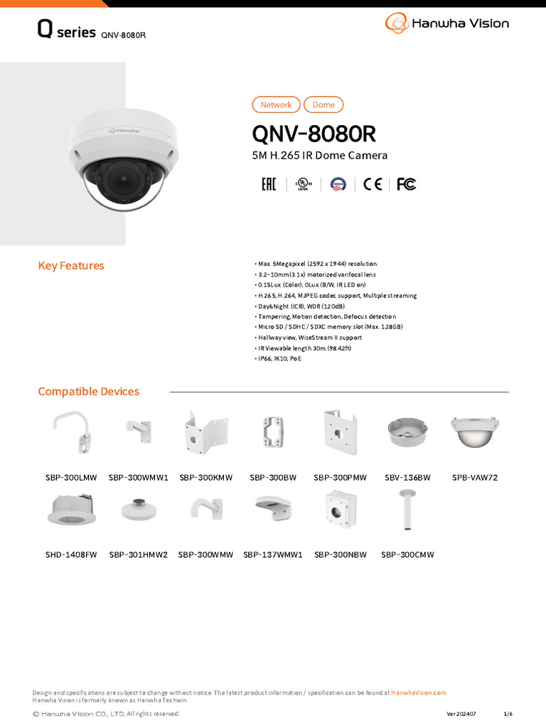 5MP H.265 IR Dome Camera QNV-8080R | PDF | Camera Lens | Computer Network