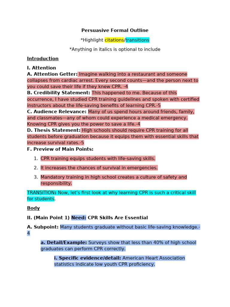 Persuasive Speech Outline Sample | PDF | Cardiopulmonary Resuscitation ...