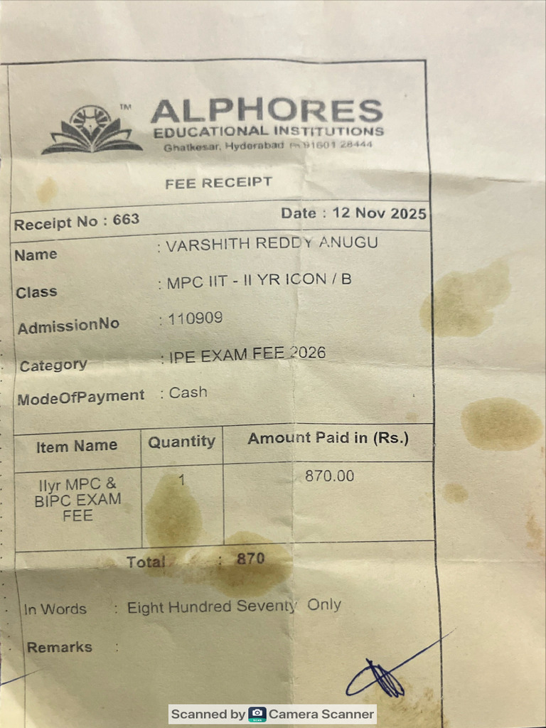 Varshith Inter 2nd Year Exam Fess Slip | PDF