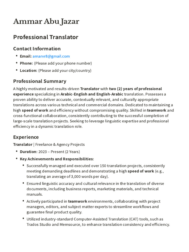 Arabic-English Translator Profile | PDF | Translations | Expert